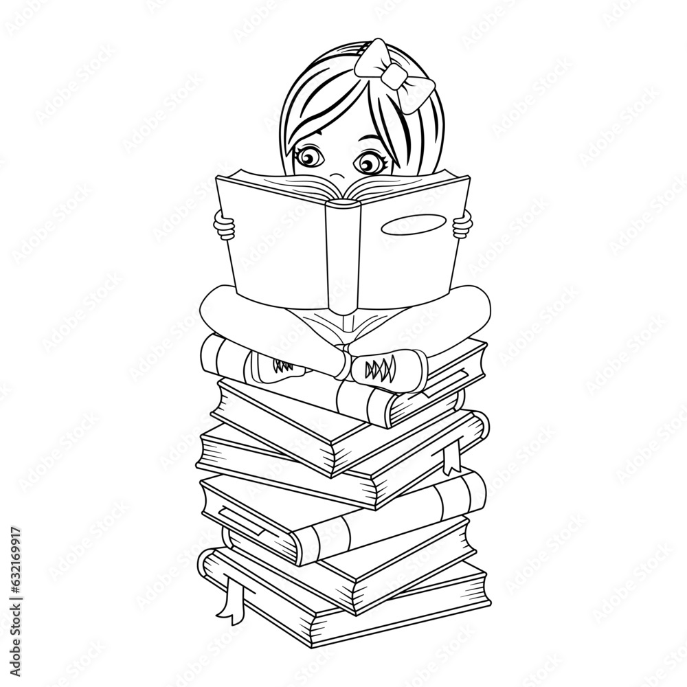 Cute Girl Reading Book For Coloring Page Education Concept Vector