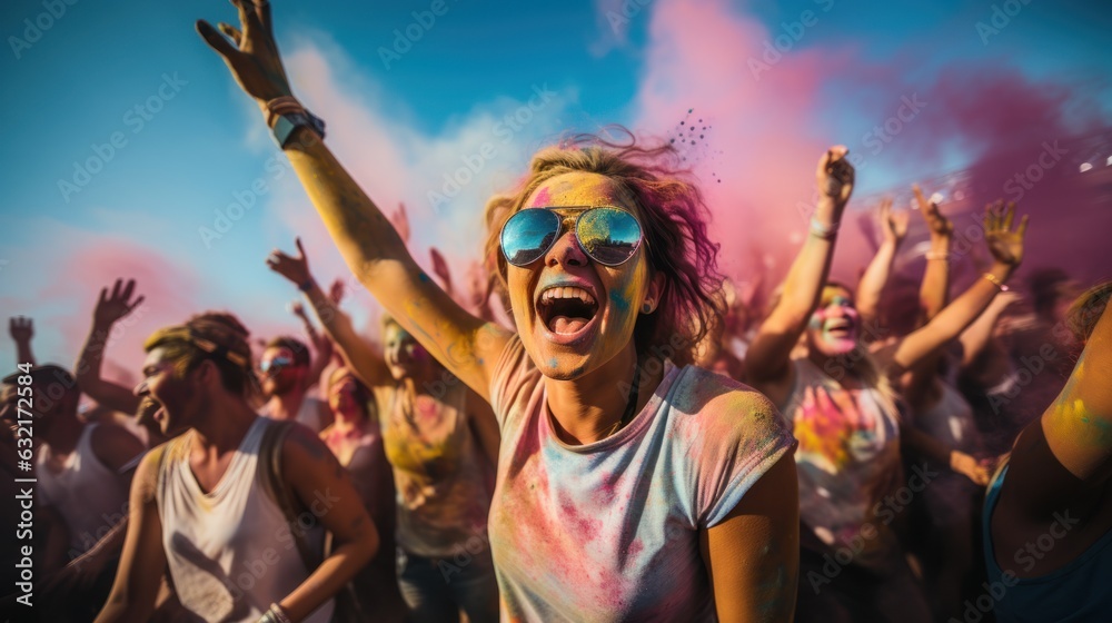 A big group of young people cheering and celebrating outside summer ...