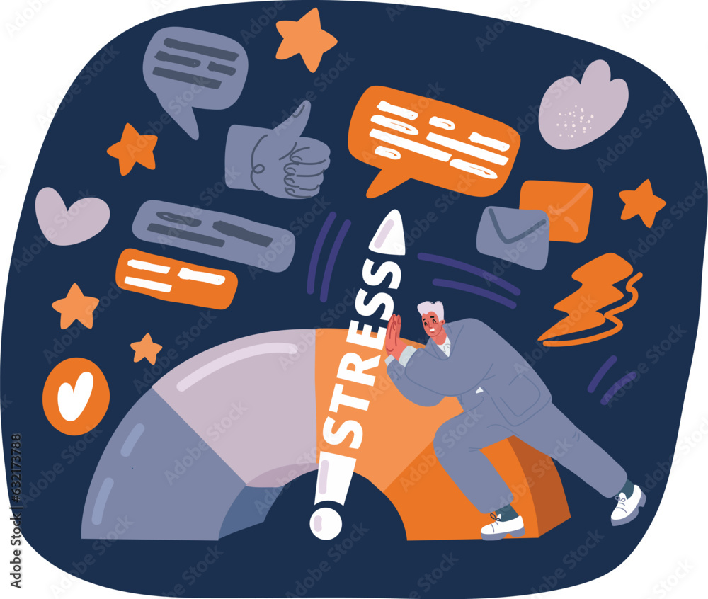 Cartoon vector illustration of Stress level, mood scale. Man solves problems and reduces ...