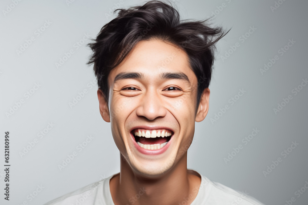 Happy handsome man laugh with open mouth show white teeth, wearing ...