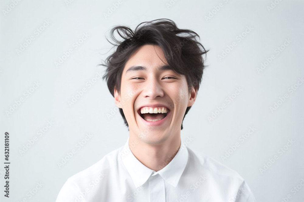 Happy handsome man laugh with open mouth show white teeth, wearing ...