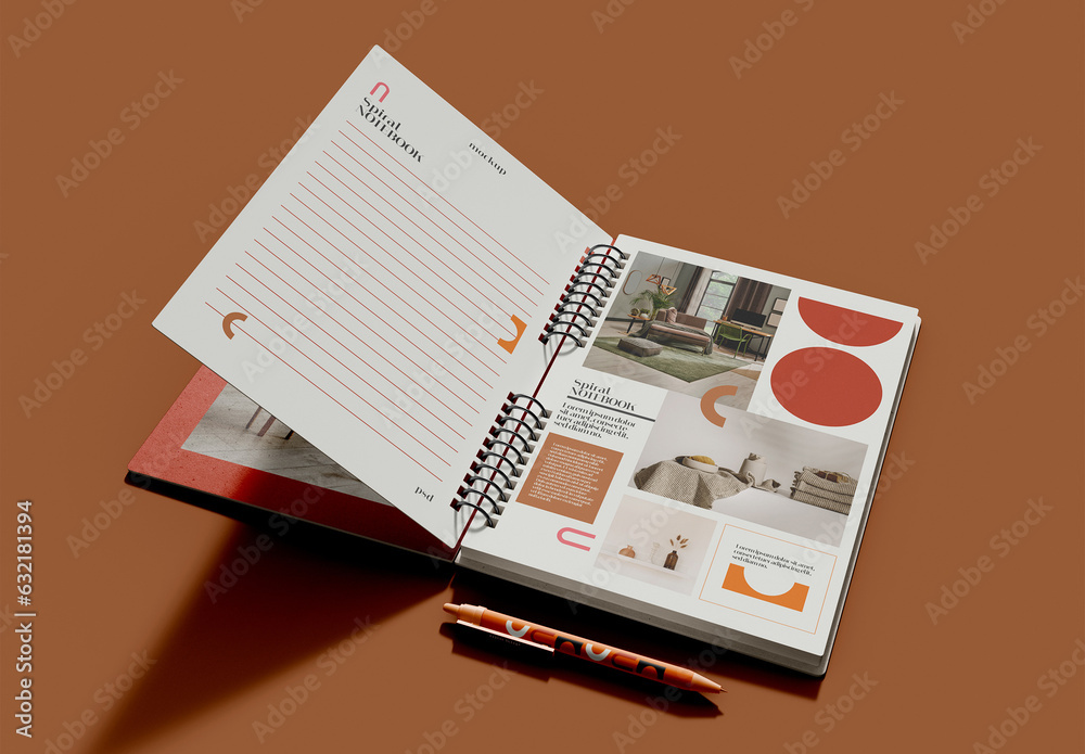 Open Spiral Notebook with Pen Mockup Шаблон Stock | Adobe Stock
