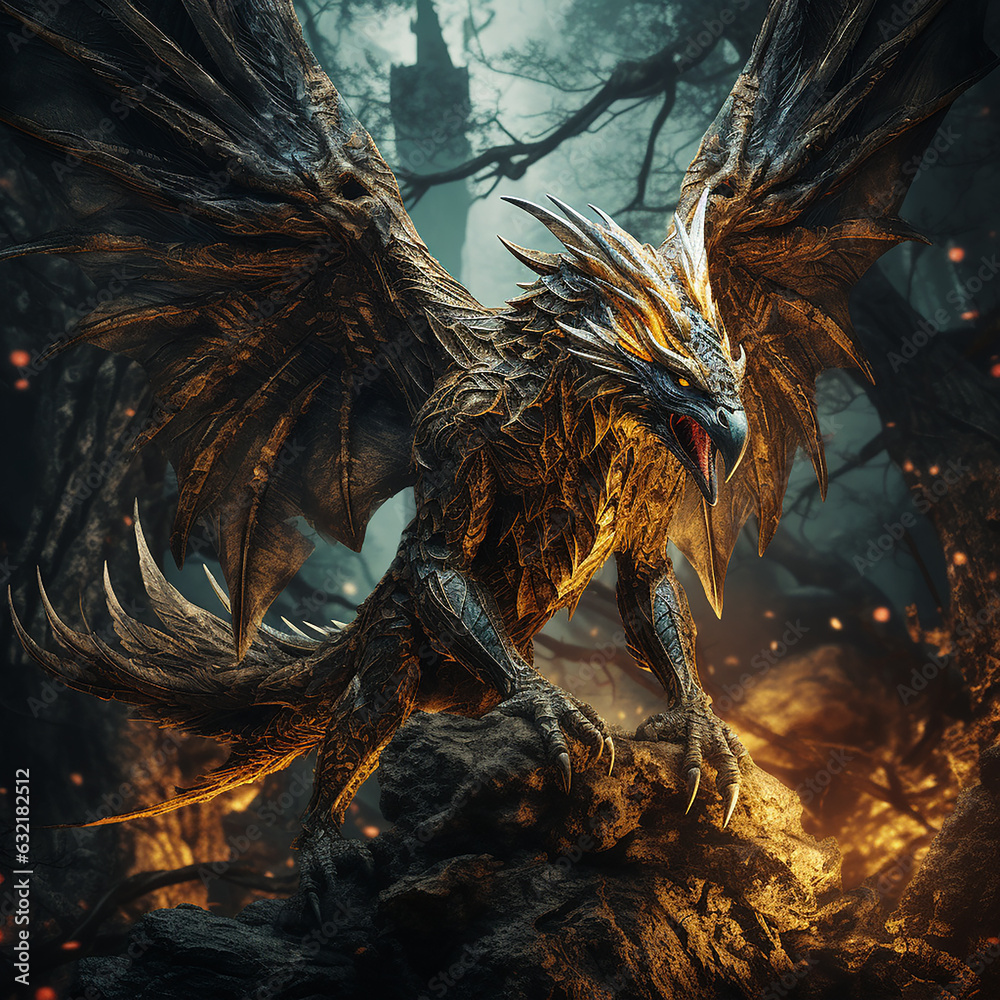 Huge aggressive mystical dragon in move. Creature with big strong wings ...