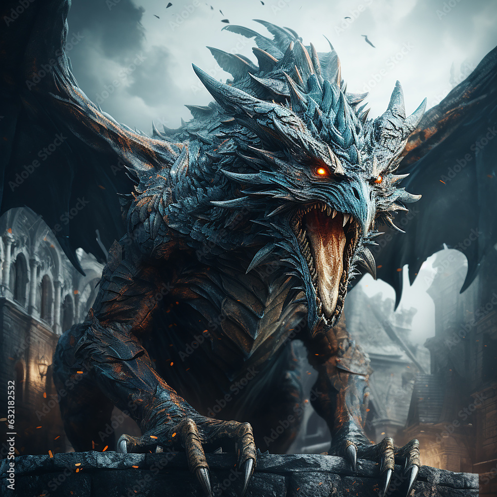 Huge aggressive mystical dragon in move. Creature with big strong wings ...