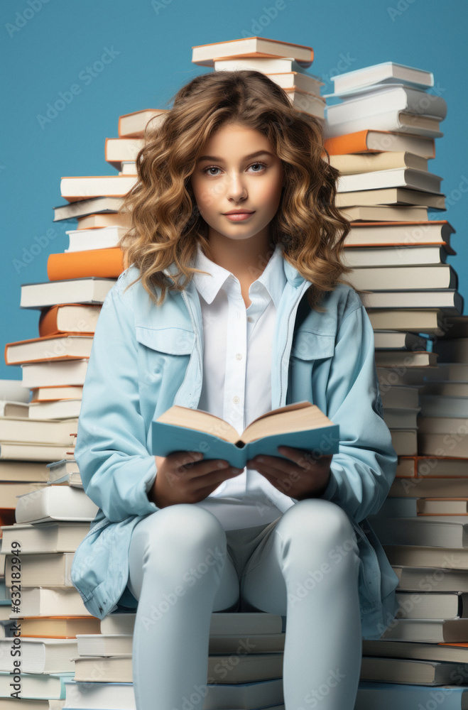 Passionate teenage reader sitting on top of a stack of books, reading a ...