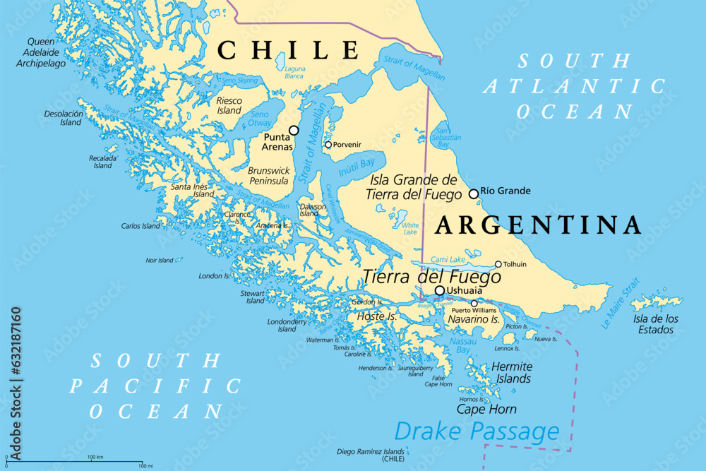 Tierra del Fuego, political map. Archipelago and southernmost tip of ...
