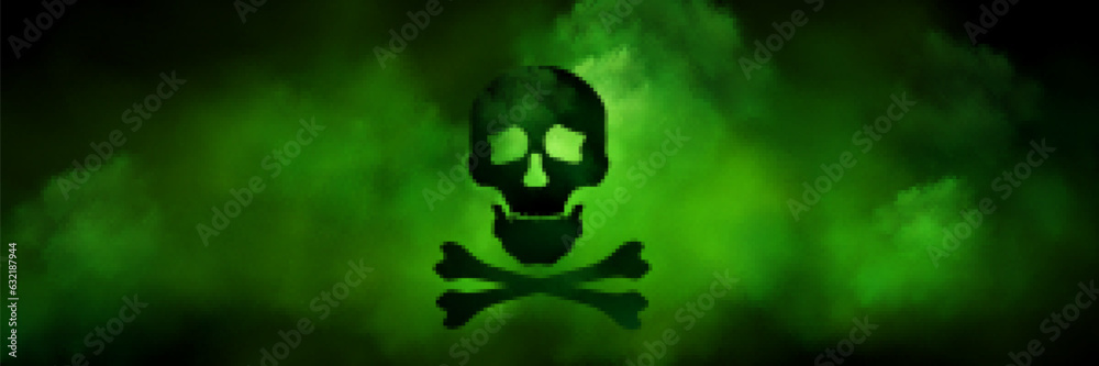 Green toxic smoke cloud with skull sign background. Bad poison smell ...