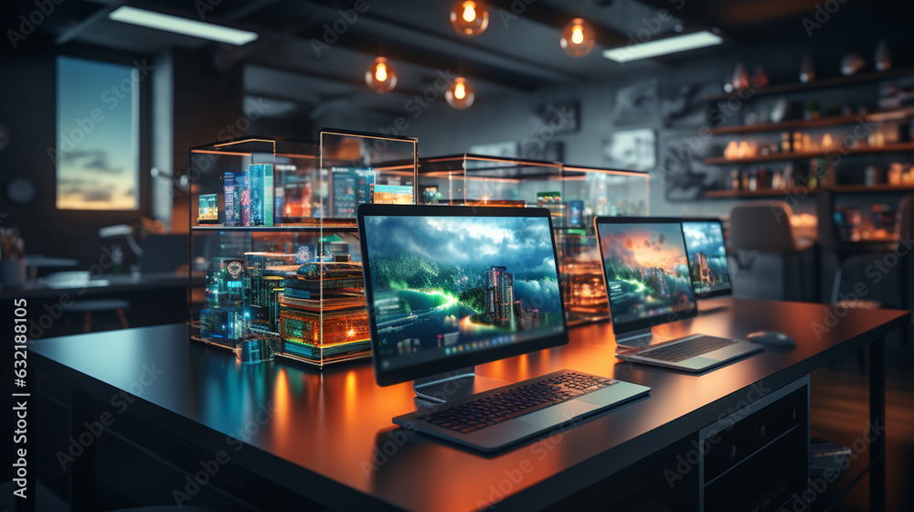 Cloud technology, computing. Devices connected to digital storage in ...