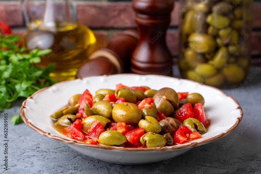 Gourmet flavors from traditional Turkish cuisine; green olive salad ...