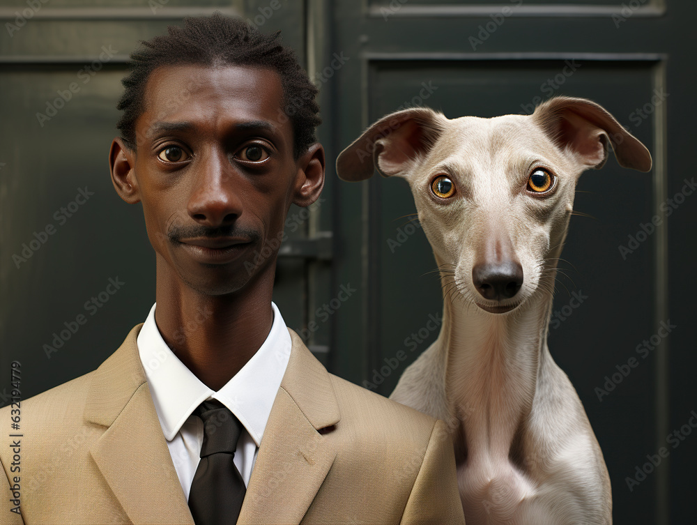 Man looking like his greyhound dog next to him. Same facial expression as his pet. Man with his ...