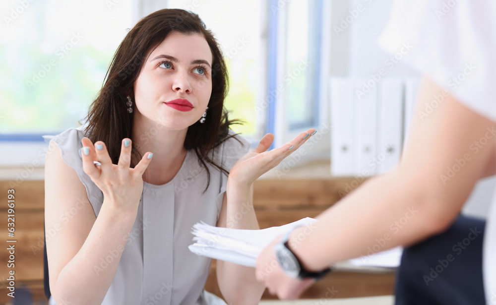 Woman business annoyed at confusion confusion pulling her hands from a ...