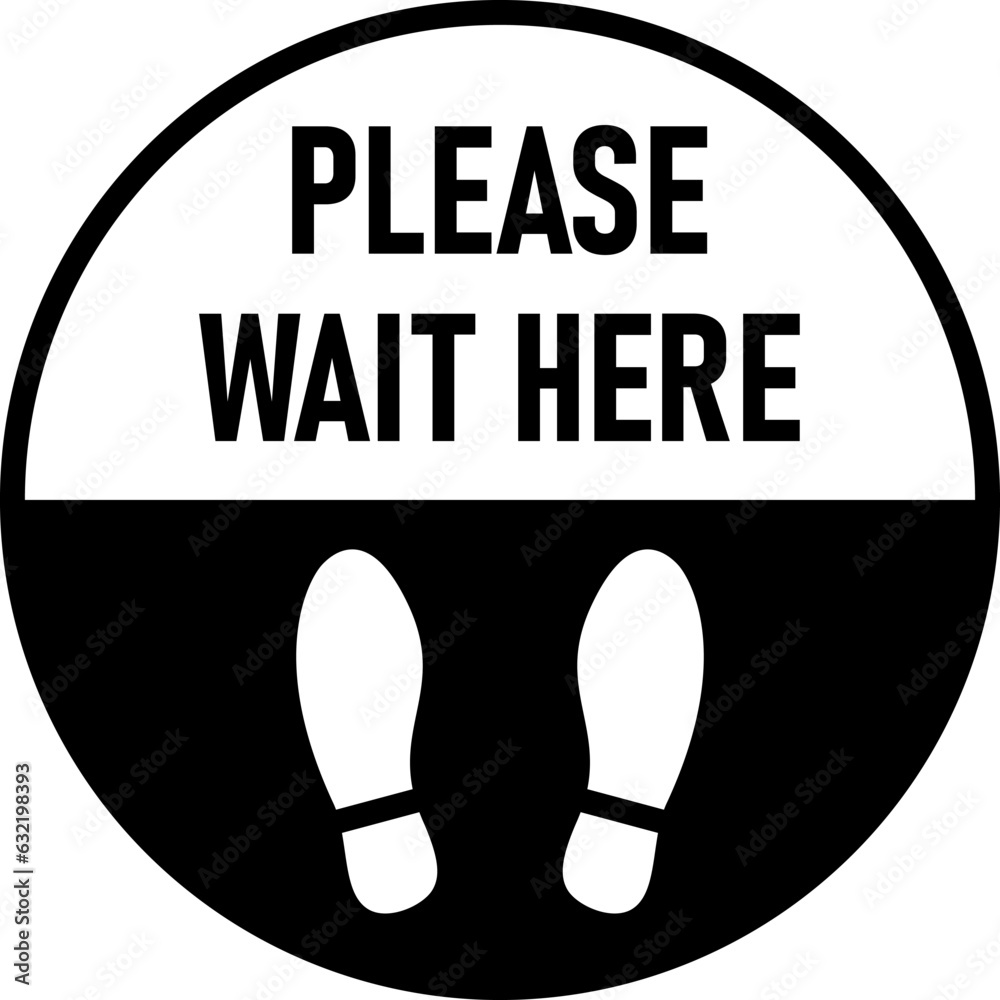 Black and White Please Wait Here Social Distancing Round Floor Marking ...