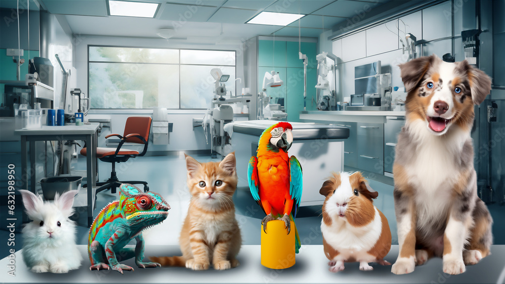 veterinary clinic, various animals are waiting for a visit in a modern ...