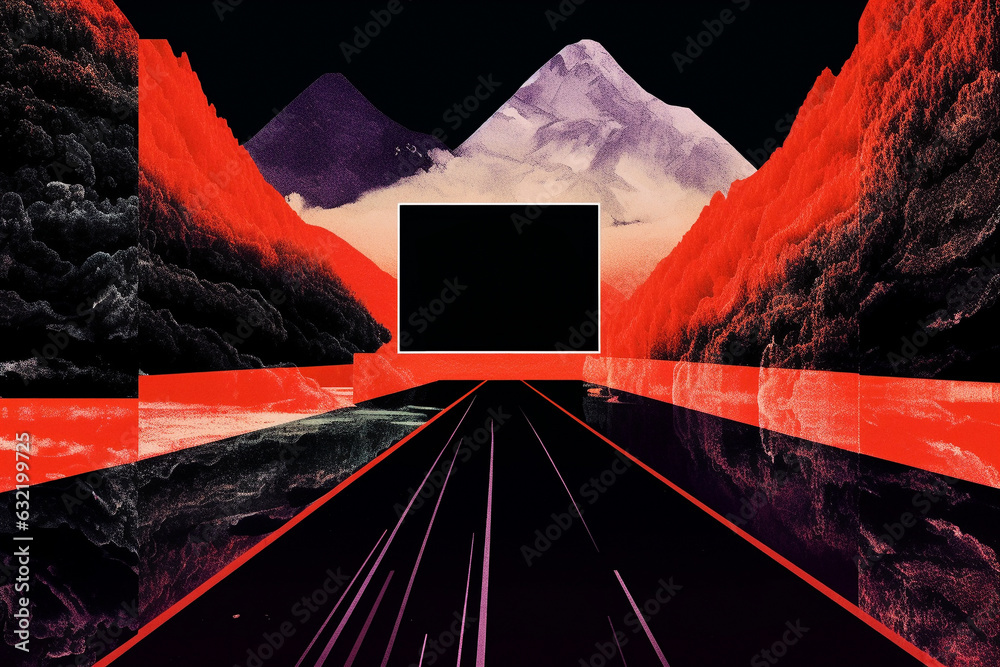 Surreal landscape with mountains and road. Digital art image with black ...