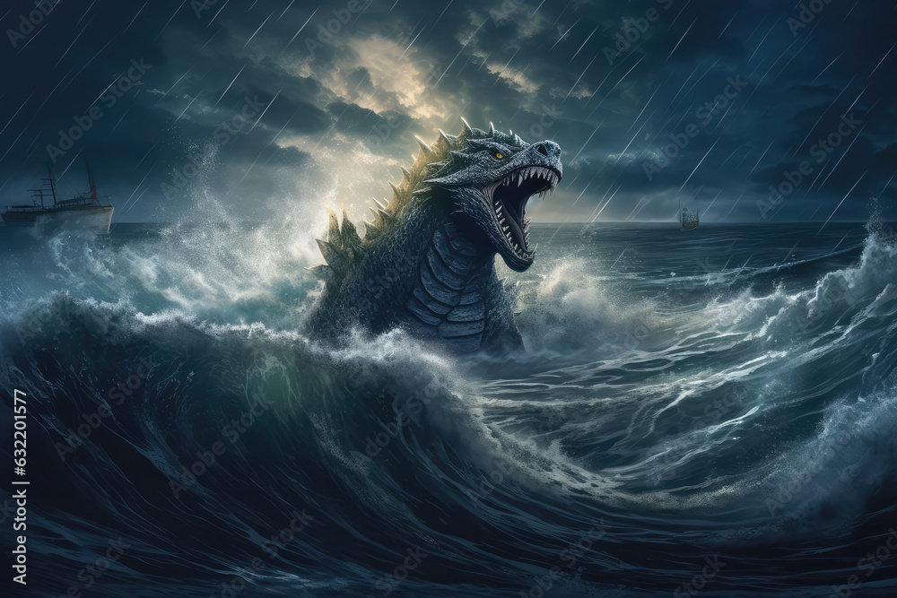 Intense kaiju like lizard monster in a violent ocean storm with thunder ...