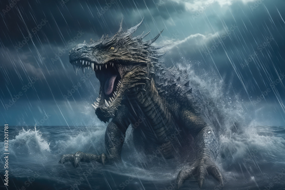 Intense kaiju like lizard monster in a violent ocean storm with thunder ...