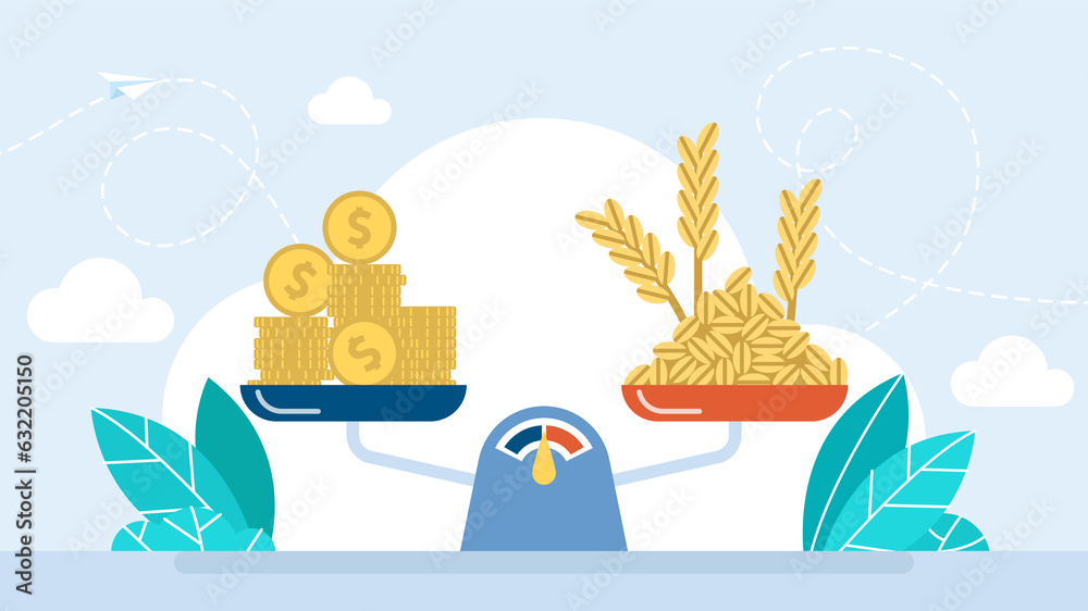 Money and grain are on scales. Wheat grains. Agricultural business ...