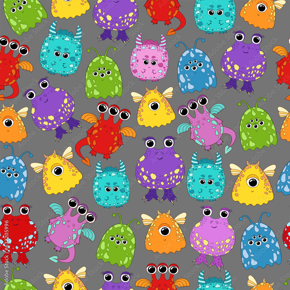 Monsters pattern. Funny cartoon monsters set. Halloween character ...