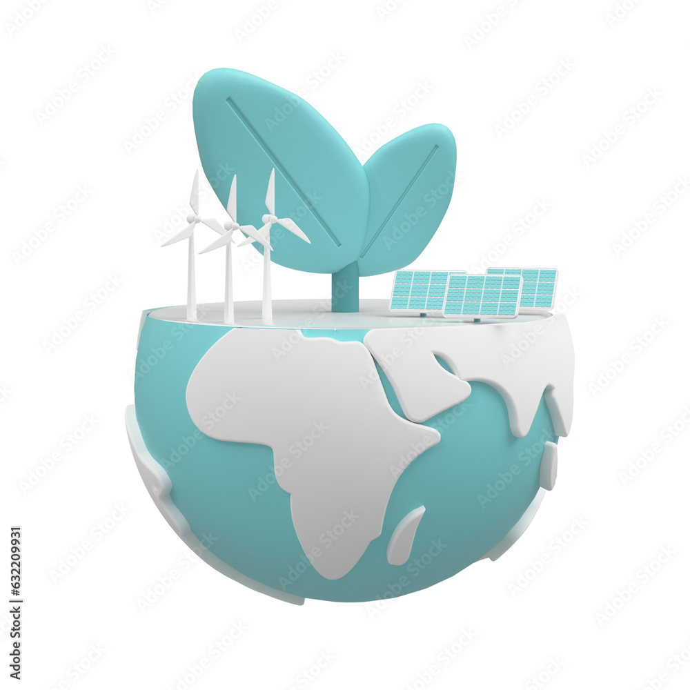 Earth globe with tree, solar panel and wind turbine. Environmental ...