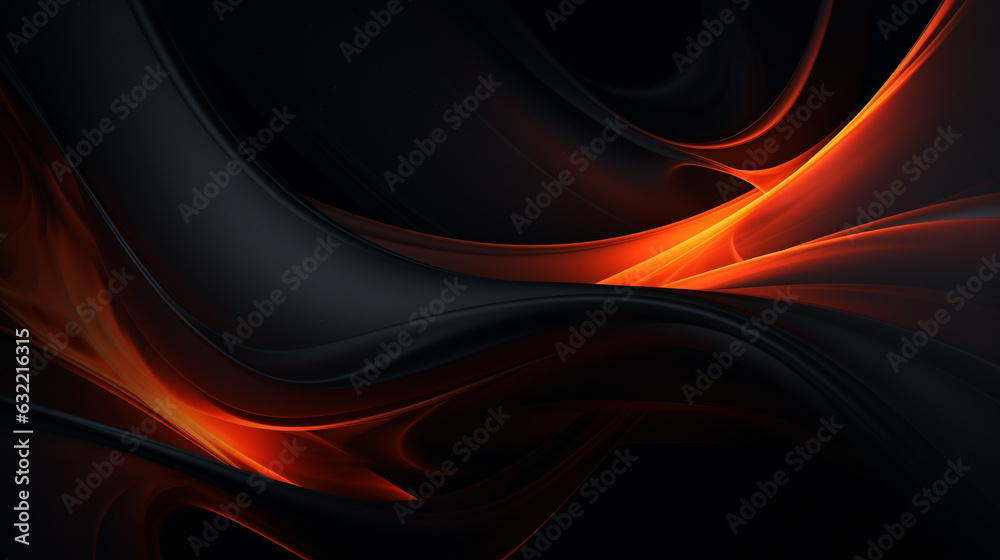 Abstract art in black with bright orange details in its wavy liquid ...