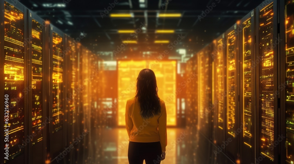 Back view of Female Data Center IT Specialist Using Tablet Computer ...