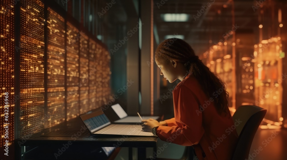 Foto de Back view of Female Data Center IT Specialist Using Tablet ...