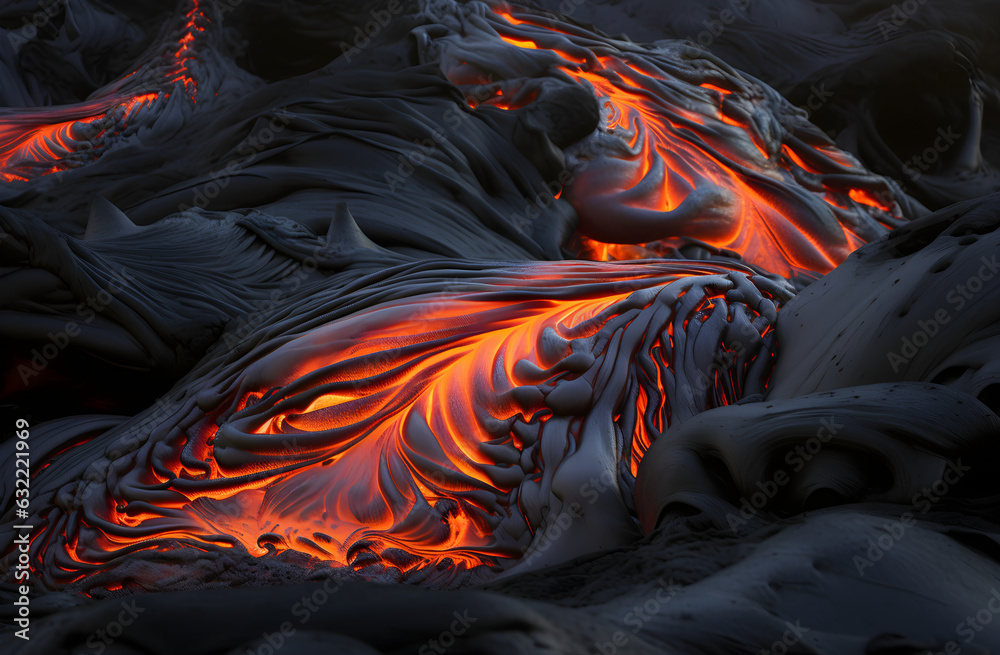 Generative AI image of red hot lava, molten magma flows onto solidified ...