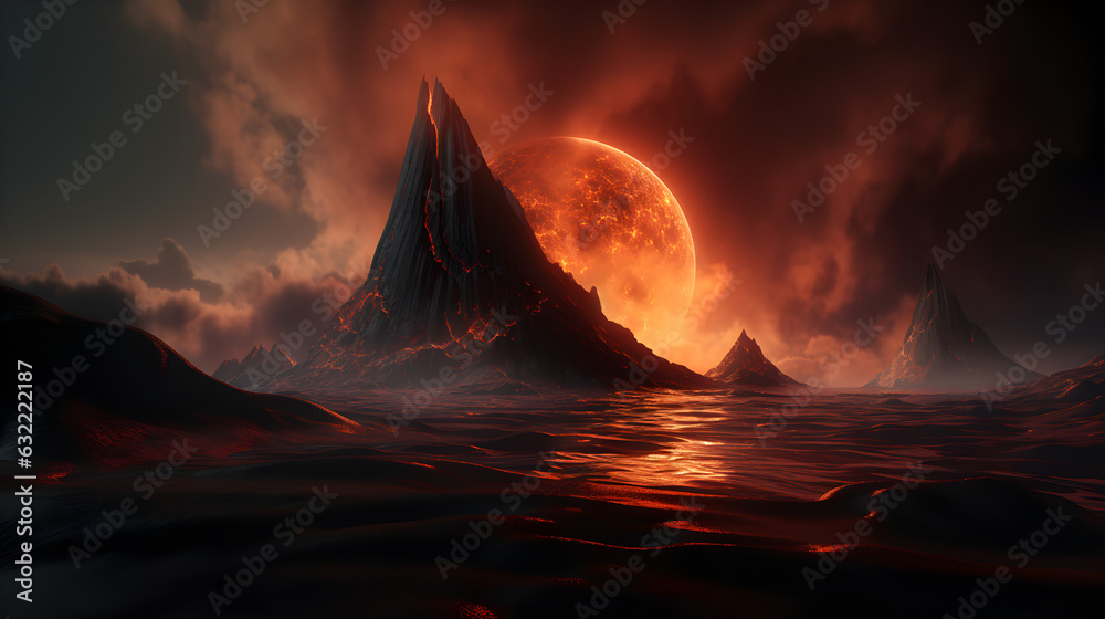Generative AI image of red hot lava, red moon, on a distant alien ...