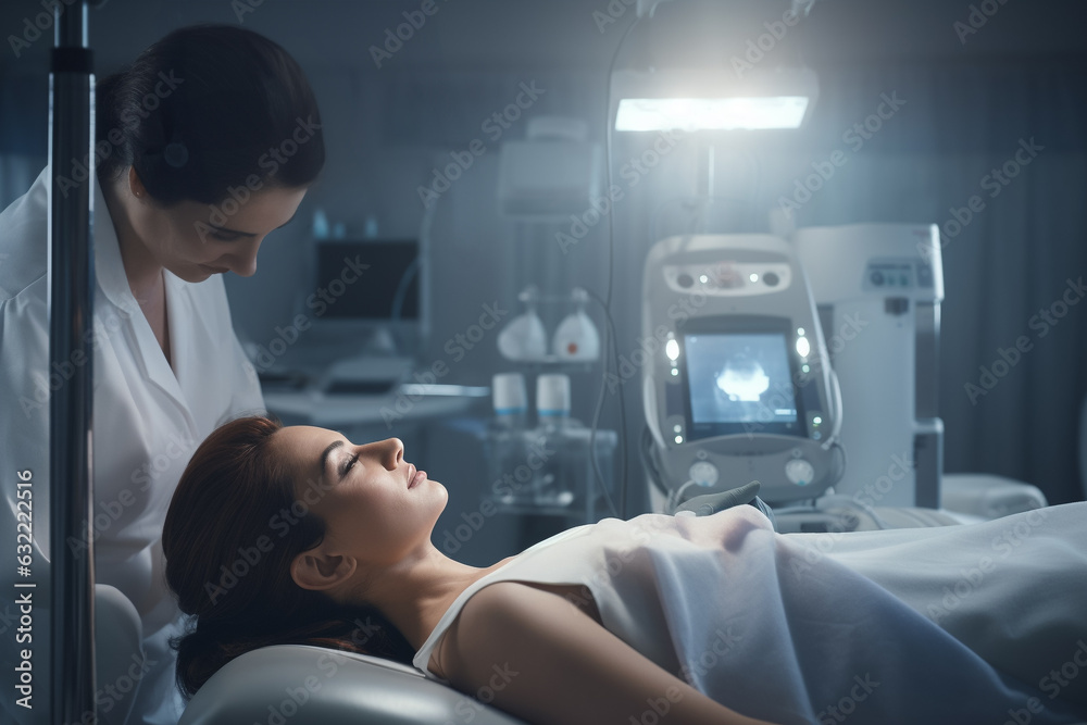 aesthetic clinic, with a woman on a stretcher after a surgical ...