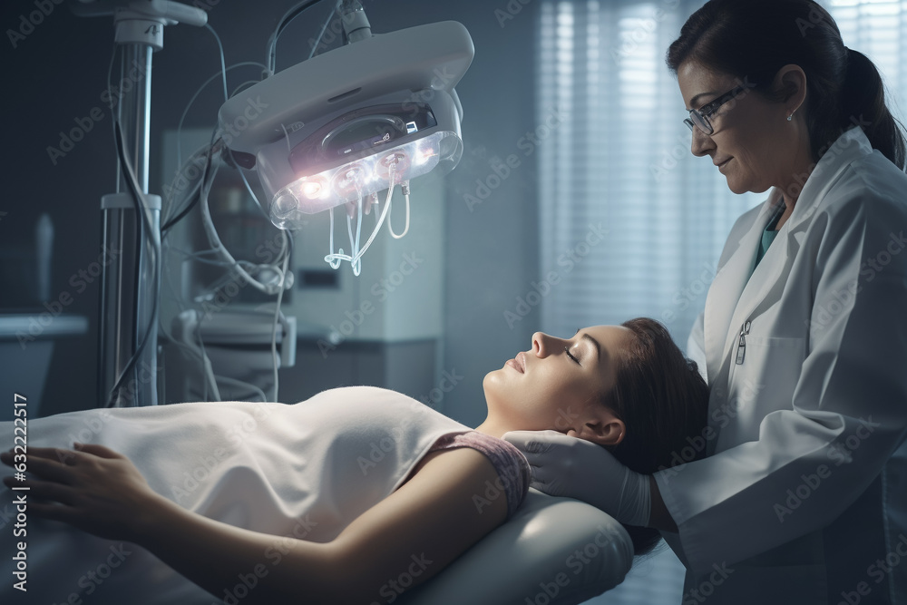 aesthetic clinic, with a woman on a stretcher after a surgical ...