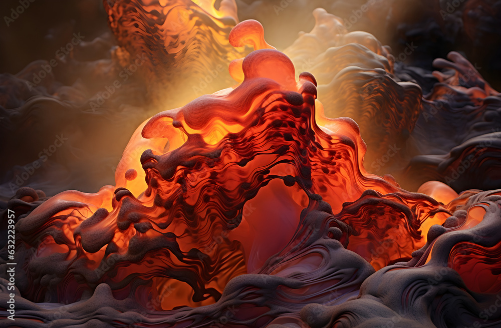 Generative AI image of red hot lava, molten magma flows onto solidified ...
