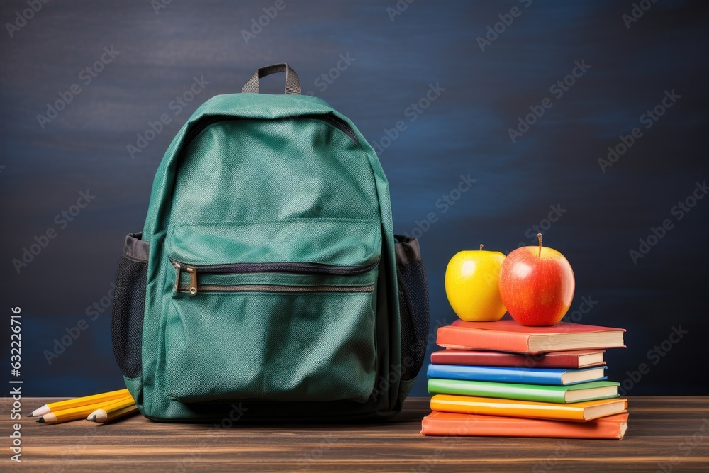 School bag and textbooks in front of a blackboard on a school desk ...