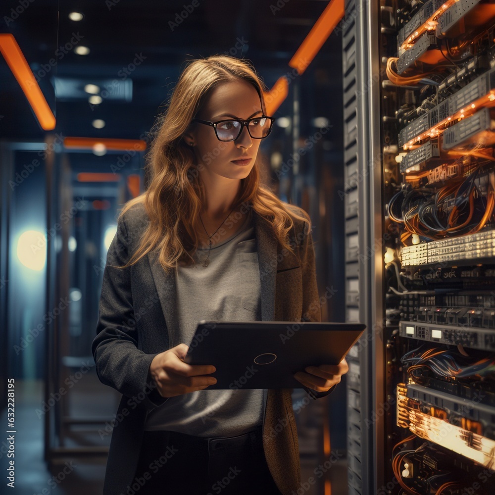 Successful Female Data Center IT Specialist Using Tablet Computer ...