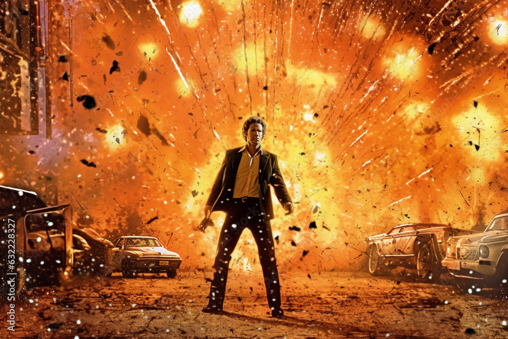 In a dynamic film frame, an action movie hero stands resolutely against ...