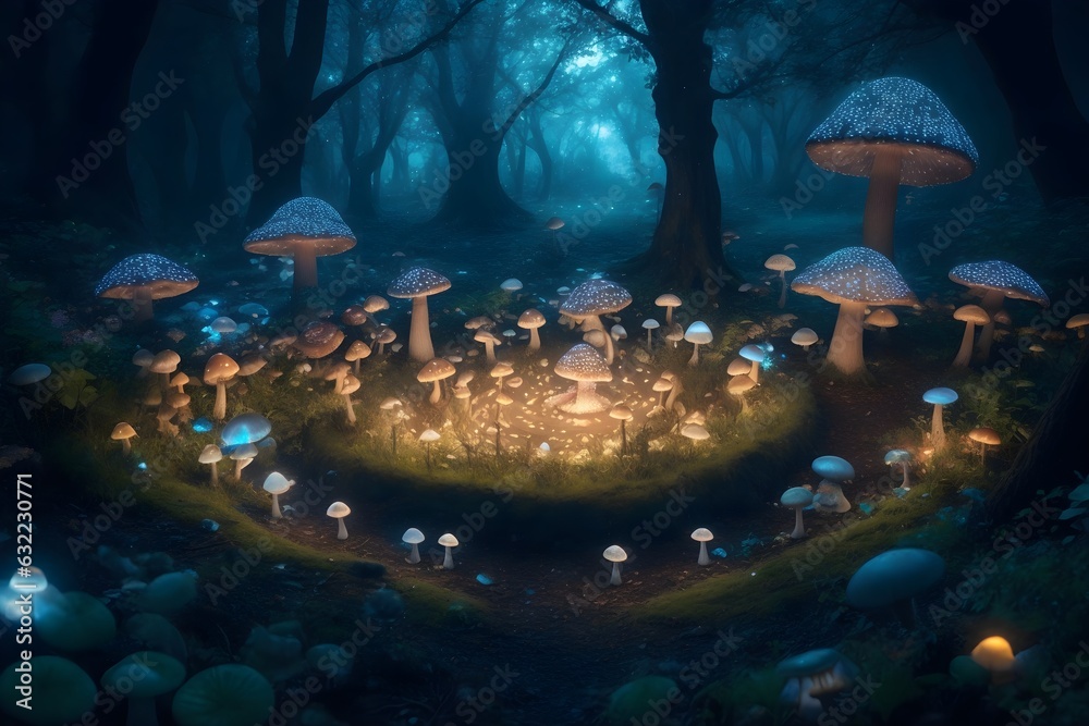 Step into an enchanted woodland where glowing mushrooms cast a magical ...