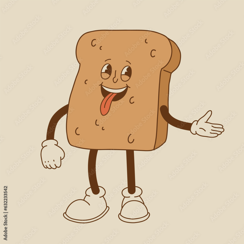 Vector cartoon retro mascot of bread, pastry, burger, sandwich. Vintage ...