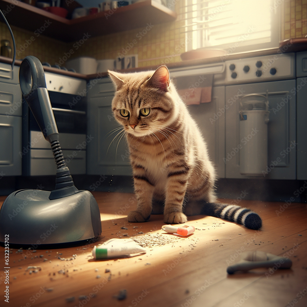 Cheerful illustration, cat cleaner, housekeeper. The cat is holding a ...