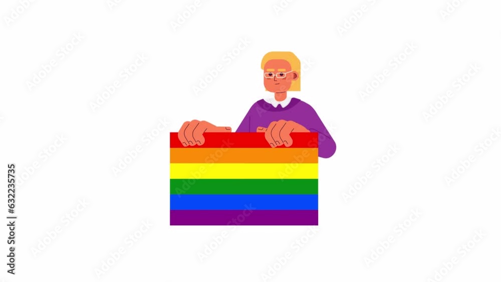 Gay pride activist man holding lgbtq flag 2D character animation. LGBT ...