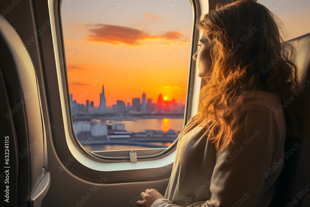 girl looking through airplane window over the city AI generated art ...