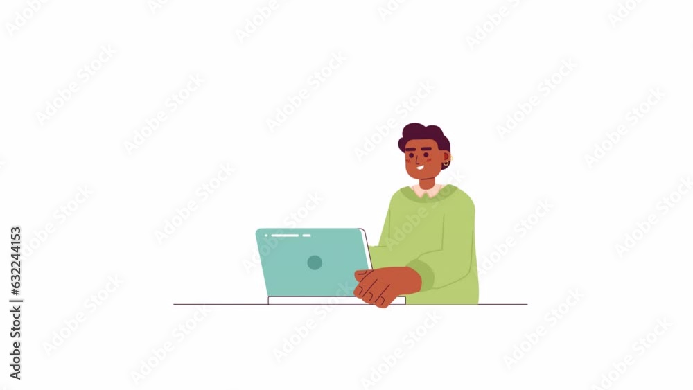 Handsome college boy on laptop 2D character animation. Black male ...