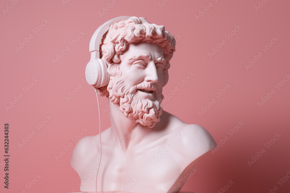 Ancient Greek sculpture of a smiling man in headphones listening to ...