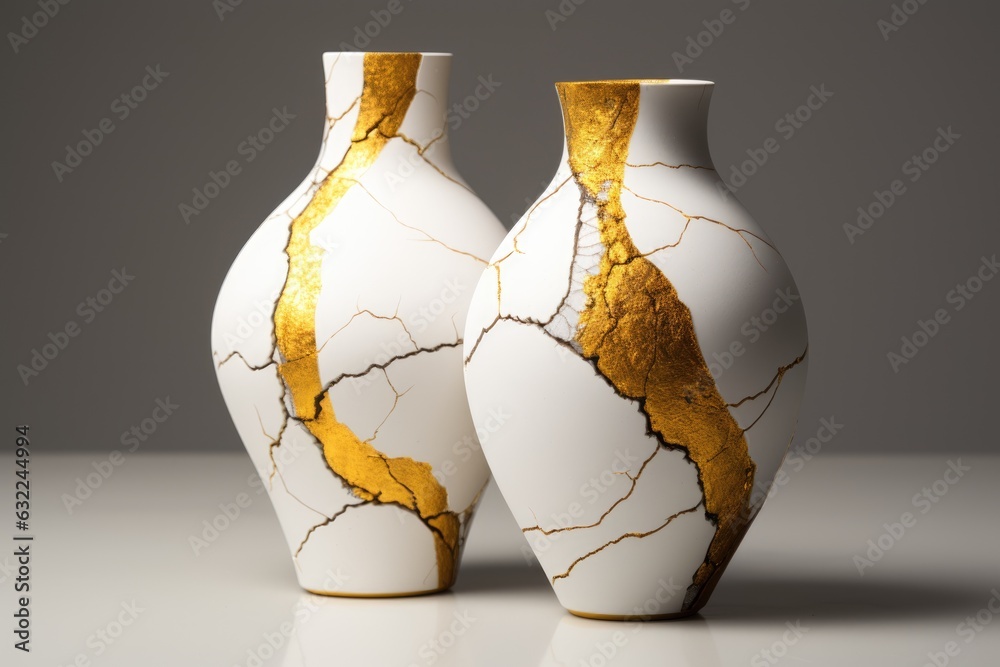 kintsugi process on a broken vase with gold lines Stock Photo | Adobe Stock