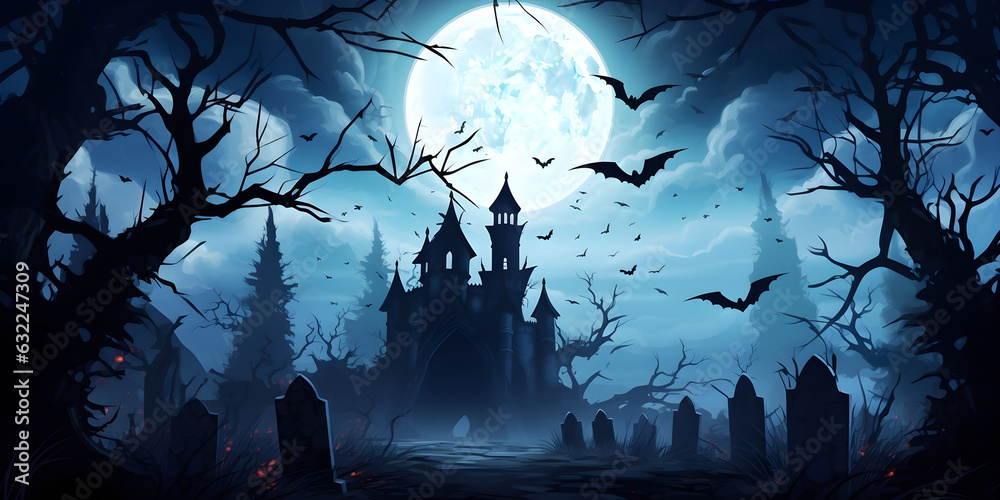 Halloween spooky background outside scene. Scary graveyard in creepy ...