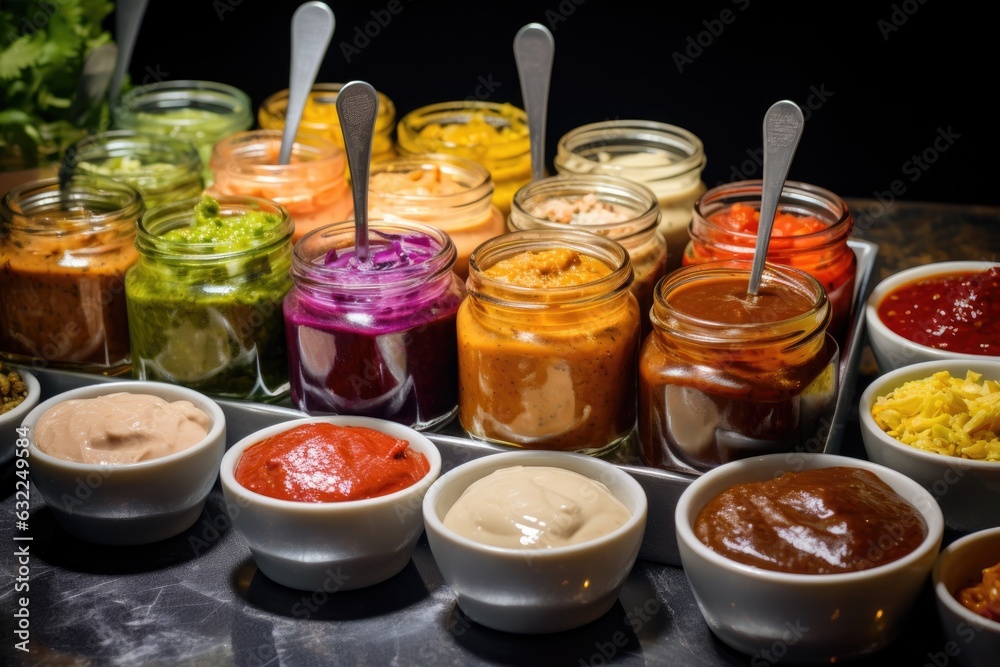 variety of sauces and condiments for burger customization Stock Photo ...