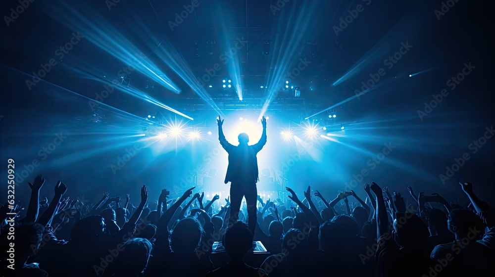 Singer performing on stage in packed stadium with bright lights and ...