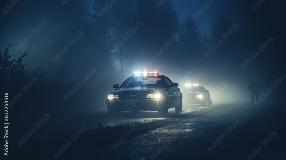 Police cars driving at night chasing a car in fog 911 police car ...