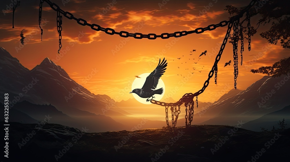 Freedom represented by bird flying and broken chains against sunset ...
