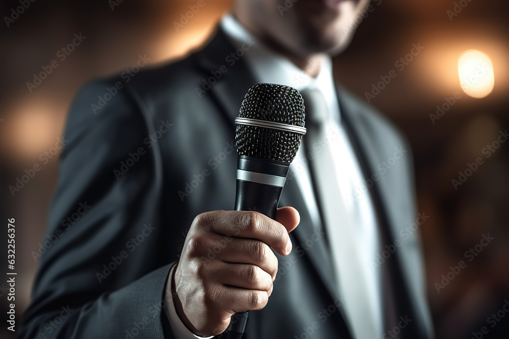 Business Man Holding Microphone, Delivering Speech in Suit for Audience ...