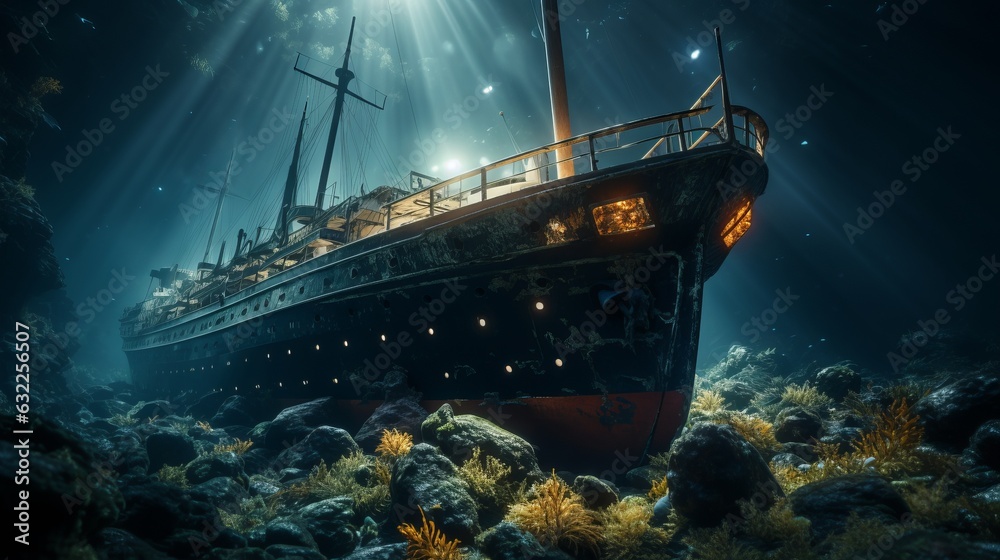 A sunken ship at the bottom of the ocean or sea. wrecked ship ...