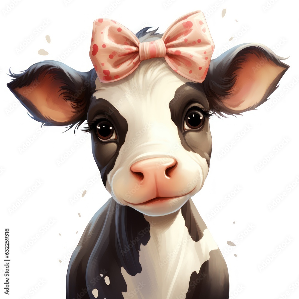 Cartoon Cow with a Bow in Her Hair Clipart on White Background AI ...